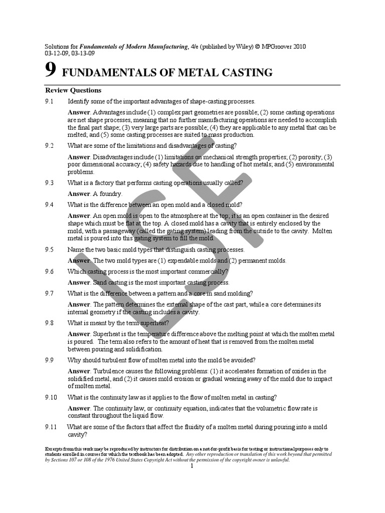 Fundamentals of Metal Casting: Review Questions | Download Free PDF | Casting (Metalworking ...