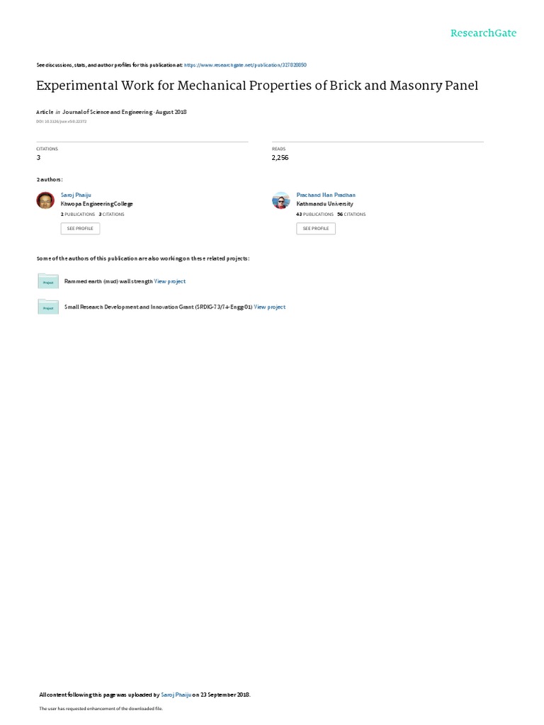 Experimental Work For Mechanical Properties of Brick and Masonry Panel ...