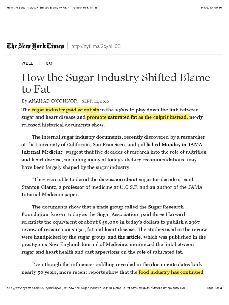 How The Sugar Industry Shifted Blame To Fat - The New York Times PDF ...