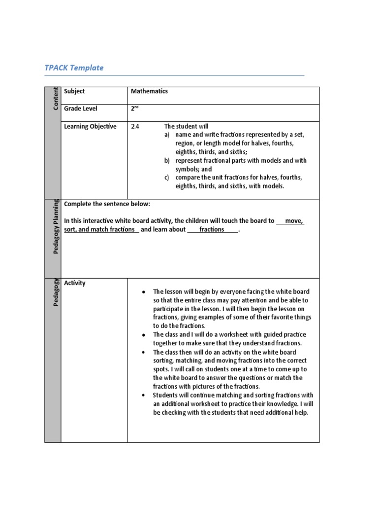 Tpack Template Iwb Summer20 1 1 | PDF | Fraction (Mathematics) | Teaching