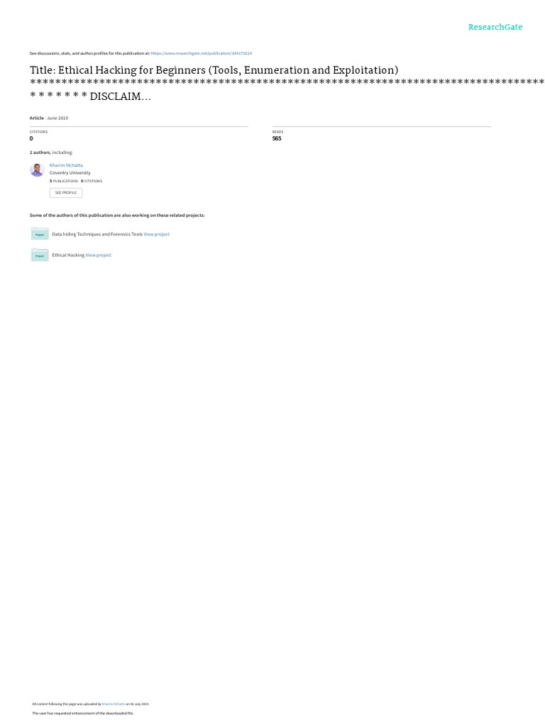 Title Ethical Hacking For Beginners Tools Enumeration And Exploitation Disclaim Pdf