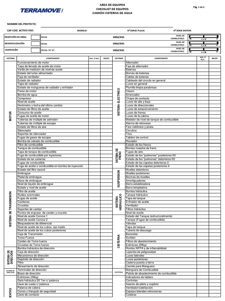 Checklist Equipos - Camión Cisterna PDF | PDF | Embrague | Bomba
