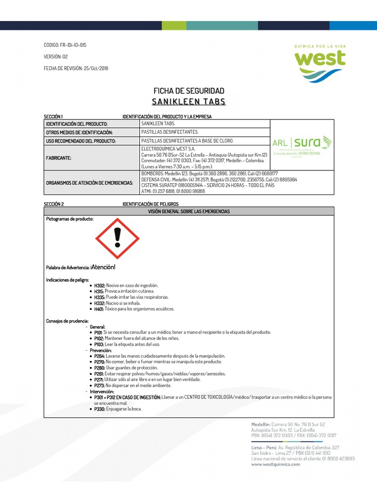 FDS Sanikleen Tabs SGA | PDF | Cloro | Hidrógeno