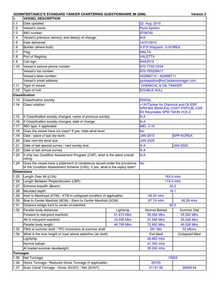 4229Intertanko'S Standard Tanker Chartering Questionnaire 88 (Q88) 1 ...