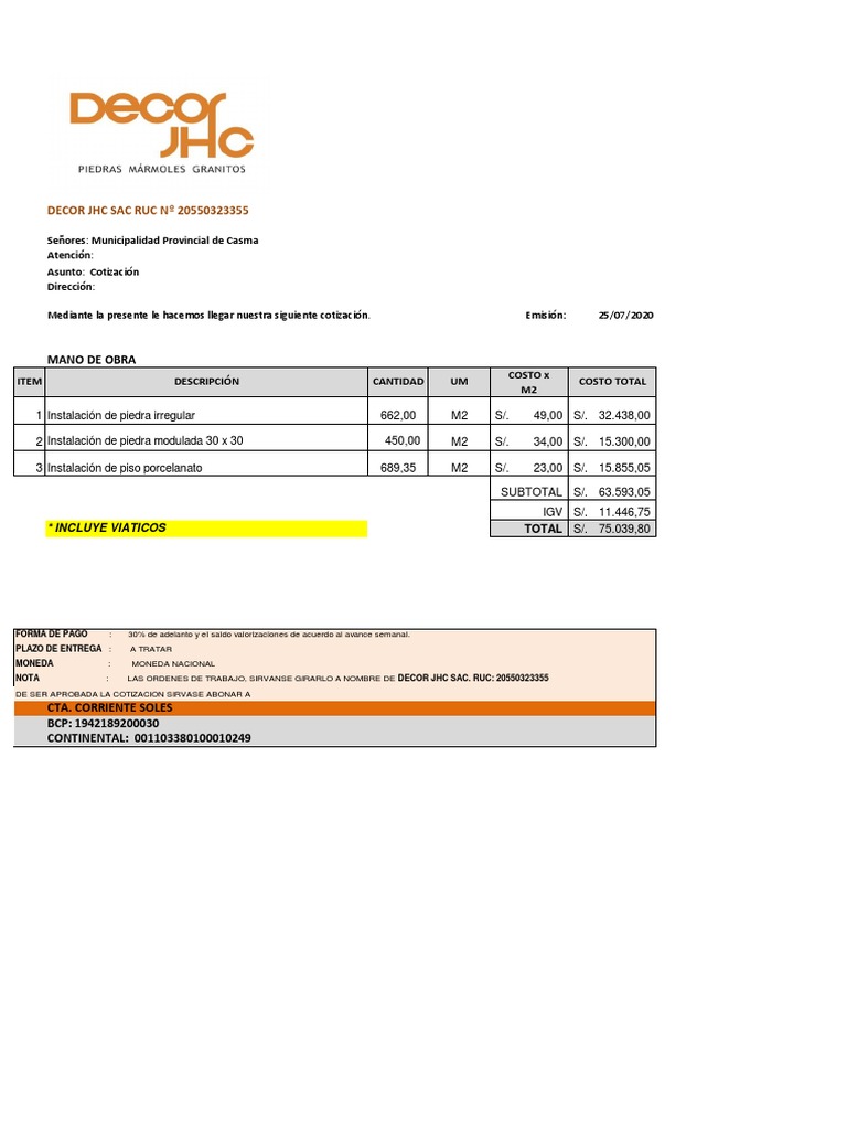Cotización Decor - M de Casma 2 | PDF