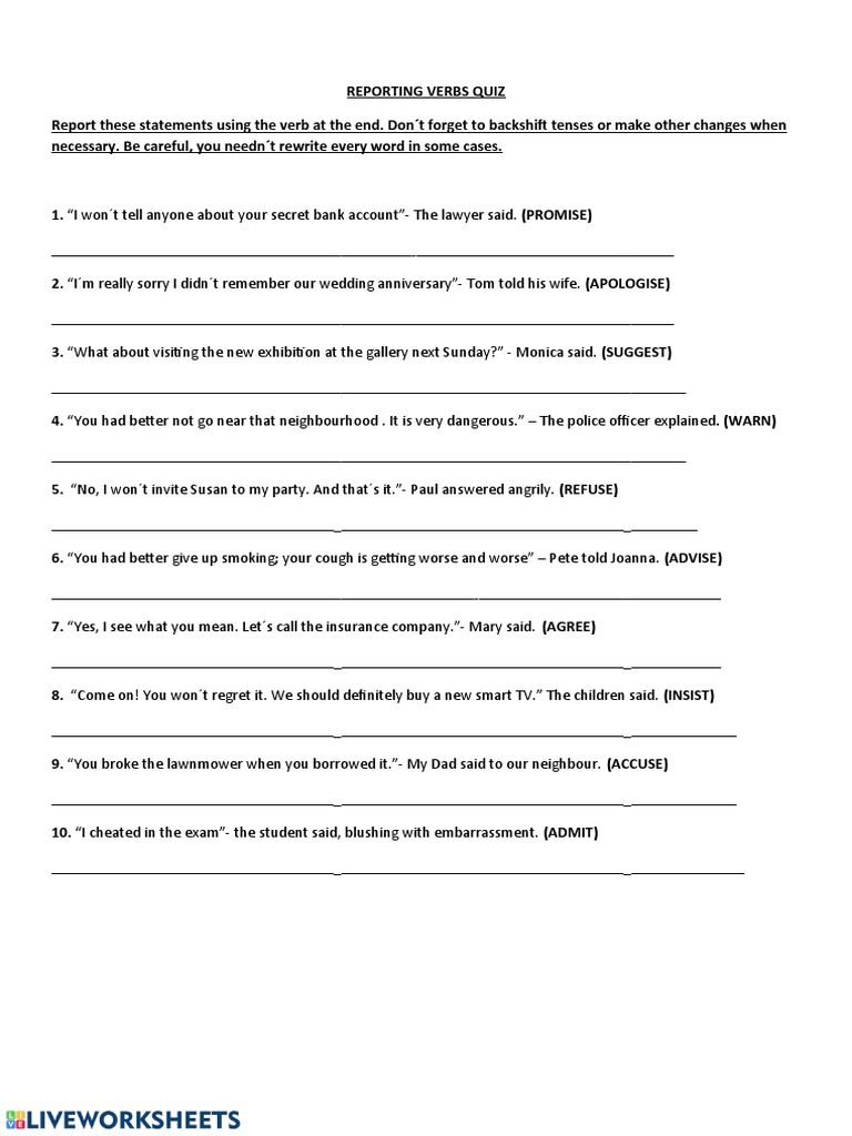 Reporting Verbs Quiz for Practice | PDF