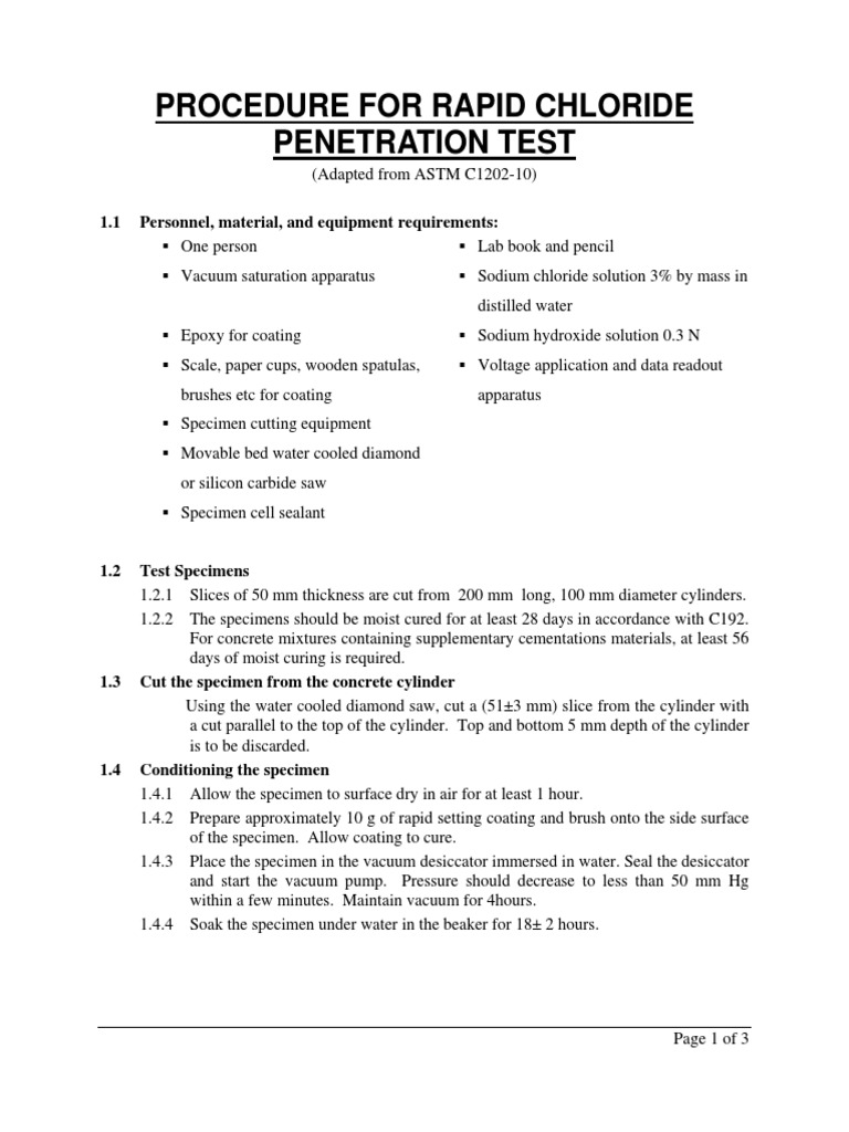 Procedure For Rapid Chloride Penetration Test: 1.1 Personnel, Material ...