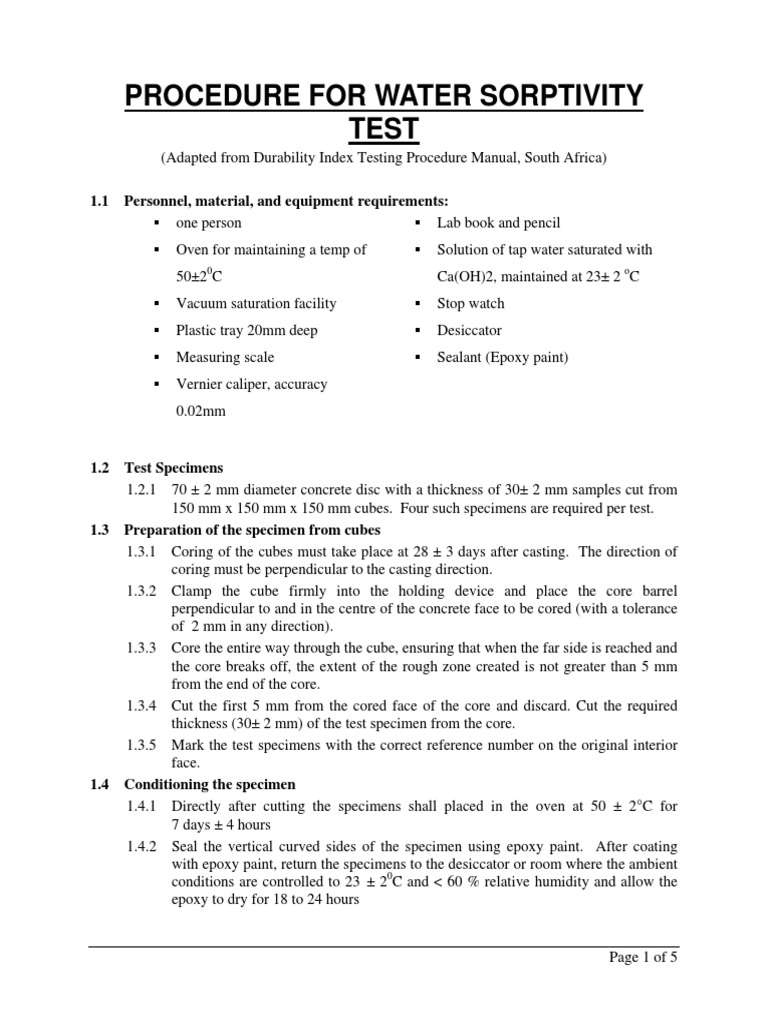 Procedure For Water Sorptivity Test: 1.1 Personnel, Material, and ...