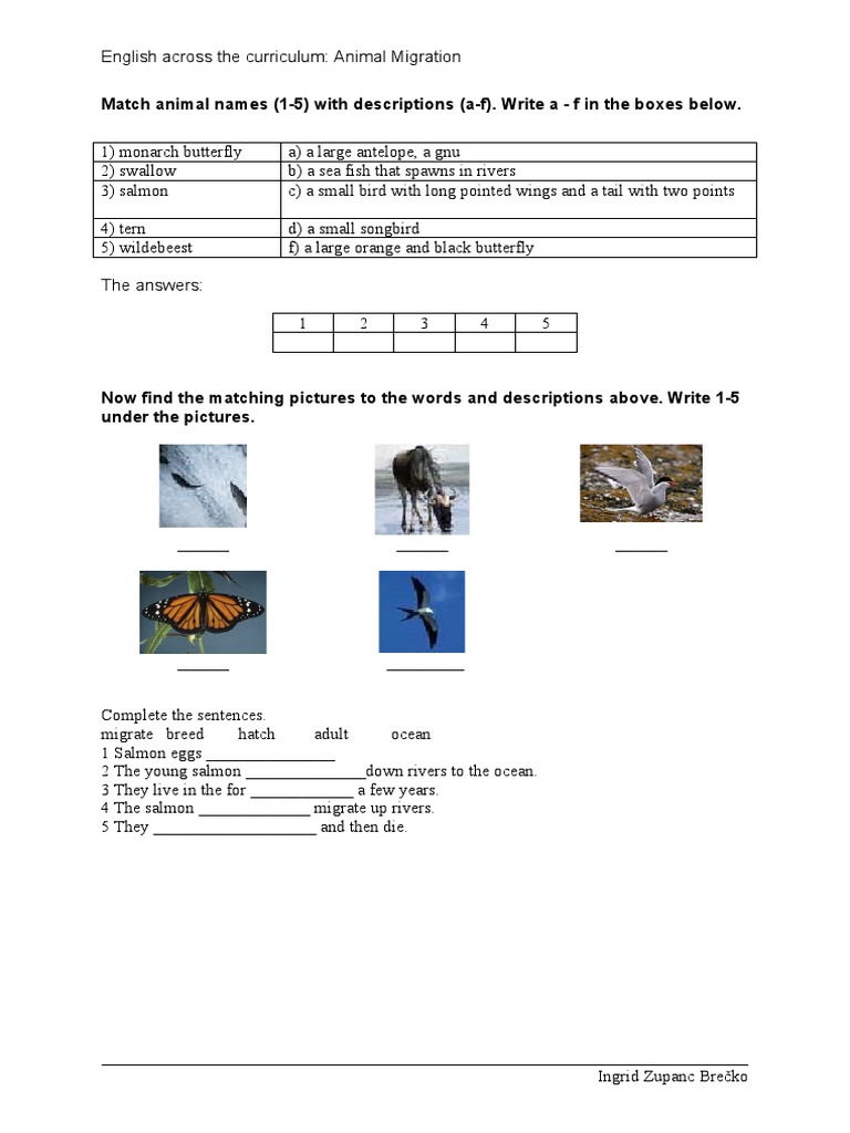 Match Animal Names (1-5) With Descriptions (A-F) - Write A - F in The ...