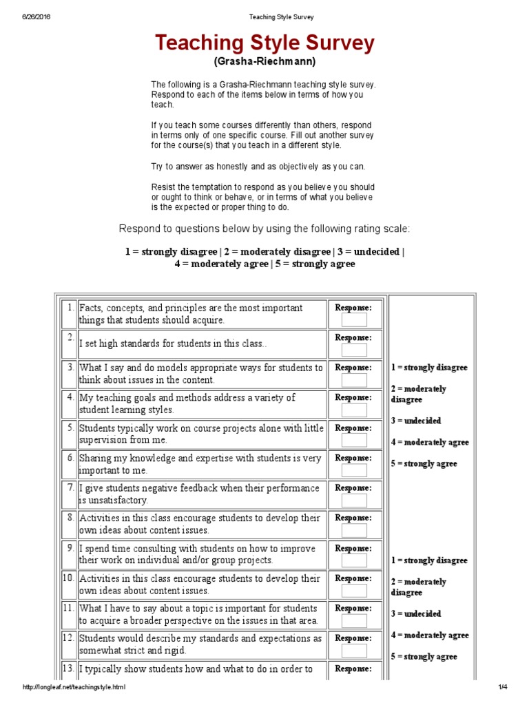 Teaching Style Survey Grasha Riechmann | PDF | Expert | Learning Styles