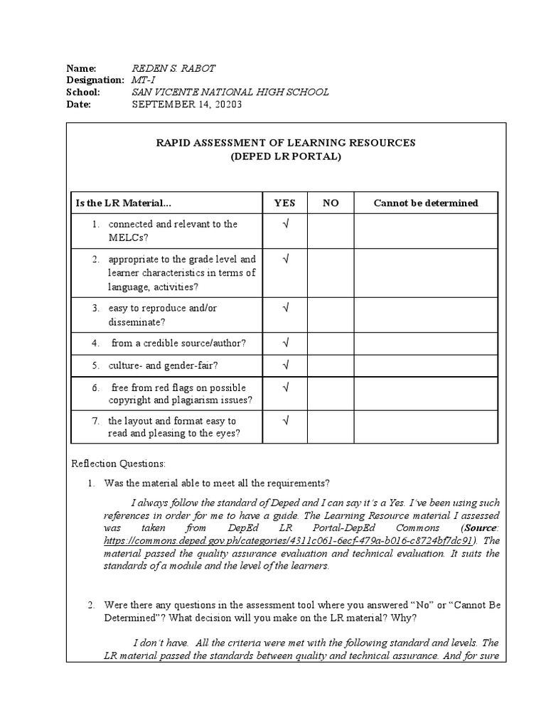 Accomplished-LR-Rapid-Assessment-Tool-with-Reflections-DepEd-LR-Portal ...