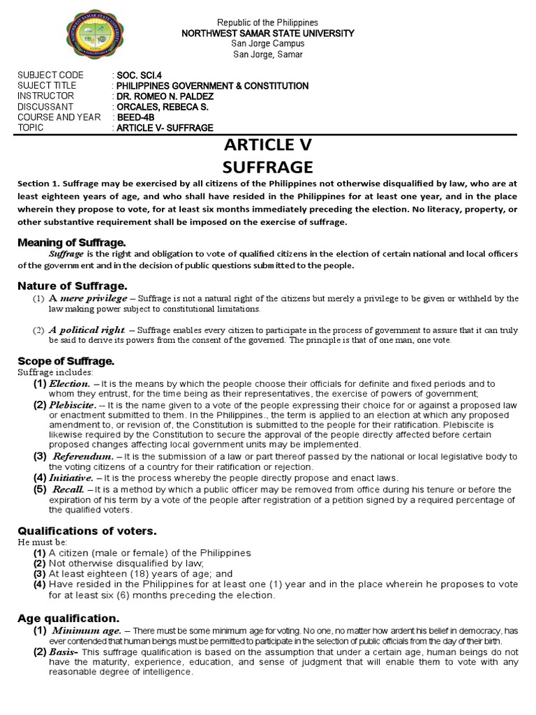ARTICLE V SUFFRAGE Nature of Suffrage | PDF | Suffrage | Government