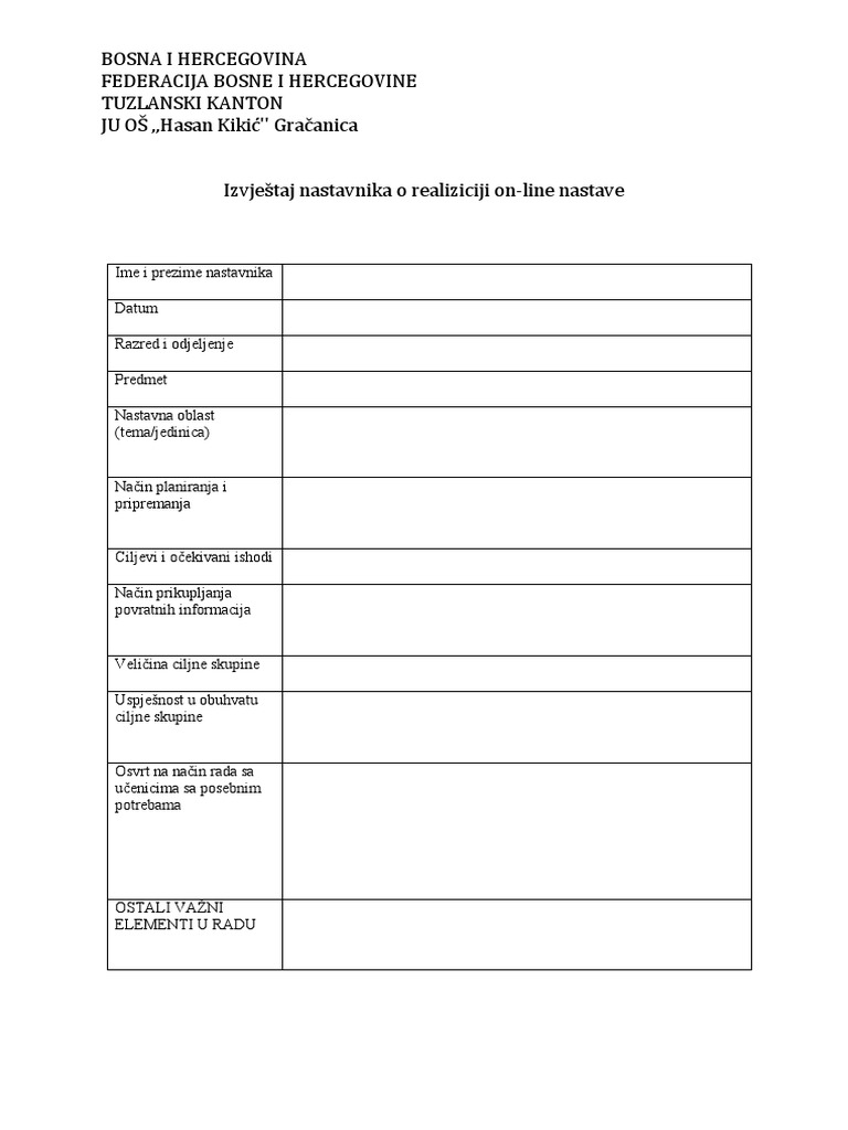 Obrazac Za Pracenje Online Rada | PDF