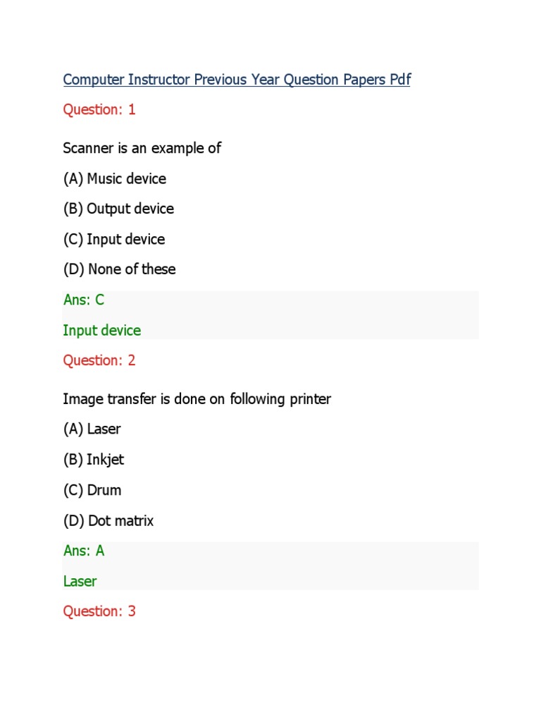 Computer Instructor Previous Year Question Papers PDF | PDF