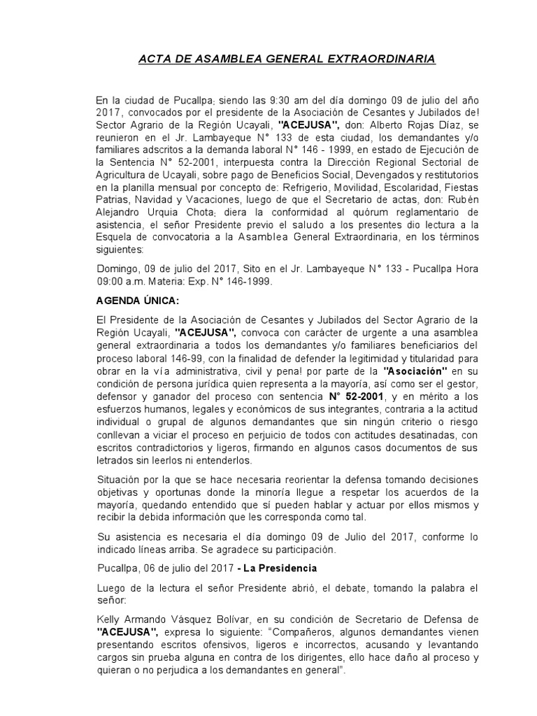 Acta de Asamblea General Extraordinaria Acejusa | PDF