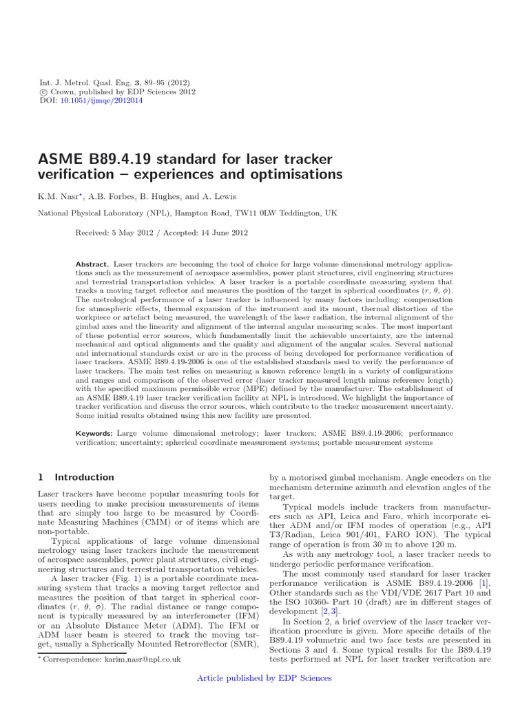 ASME B89.4.19 Standard For Laser Tracker Verification - Experiences and ...