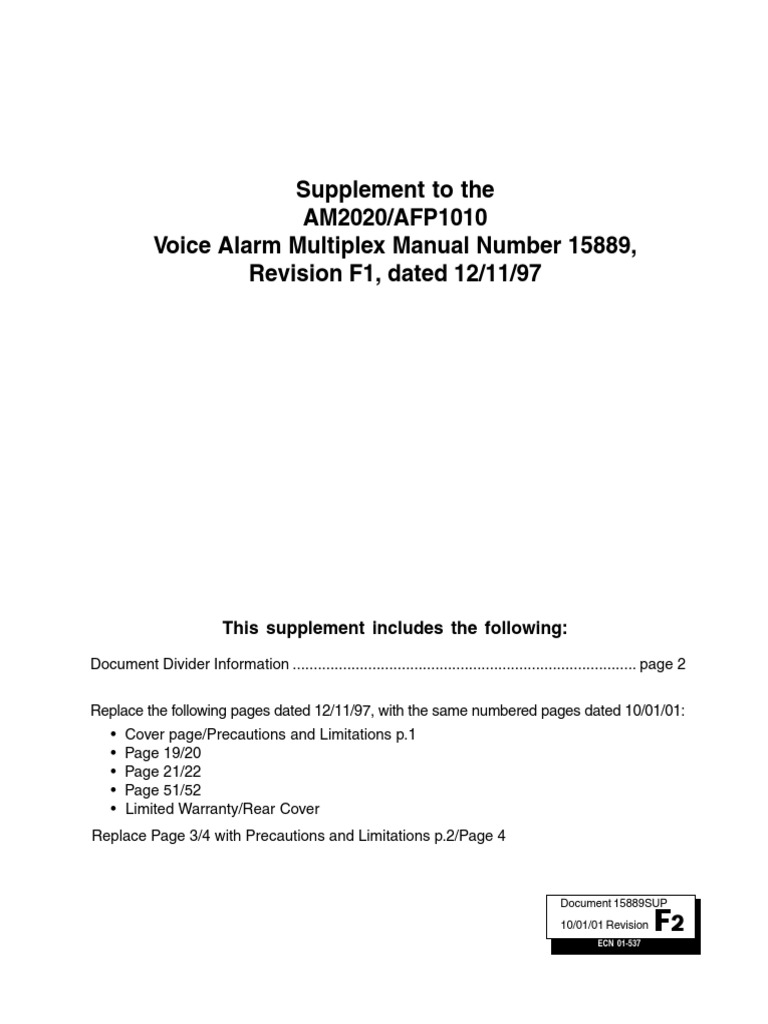 Supplement To The AM2020/AFP1010 Voice Alarm Multiplex Manual Number ...