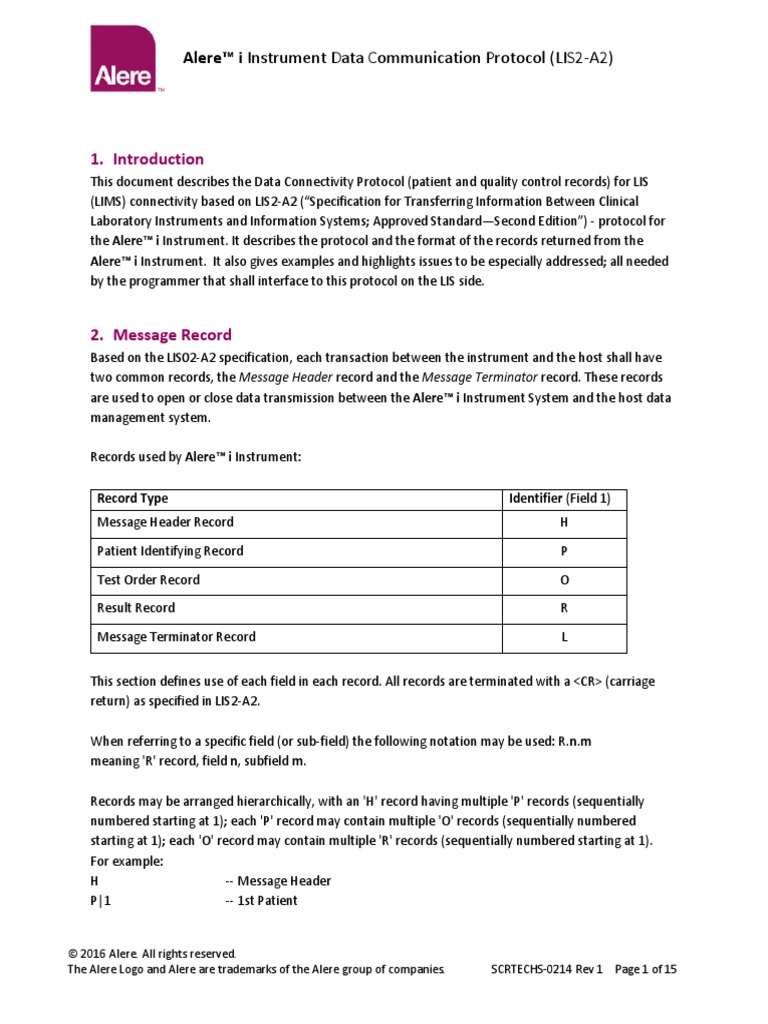 SCRTECHS-0214 v1 Alere I Instrument Data Communication Protocol | PDF ...