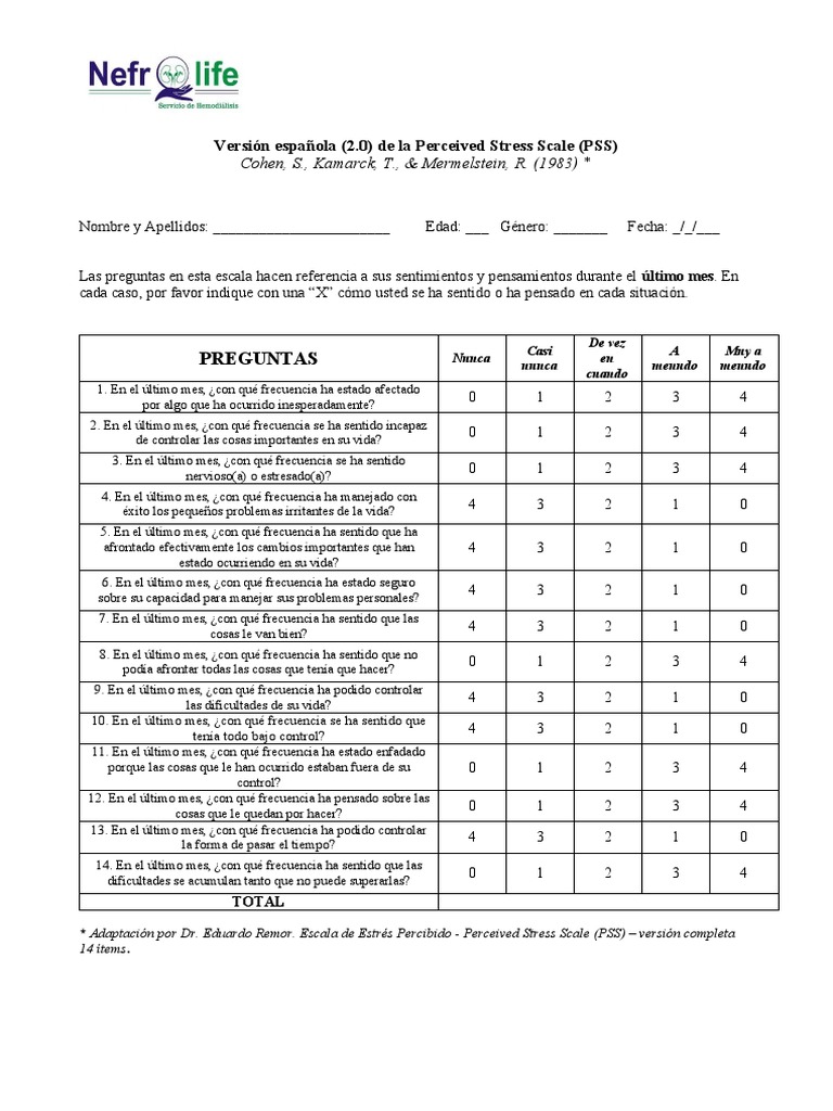 Escala de Estrés Percibido (EEP) | PDF | Estrés (biología) | Ciencias del comportamiento
