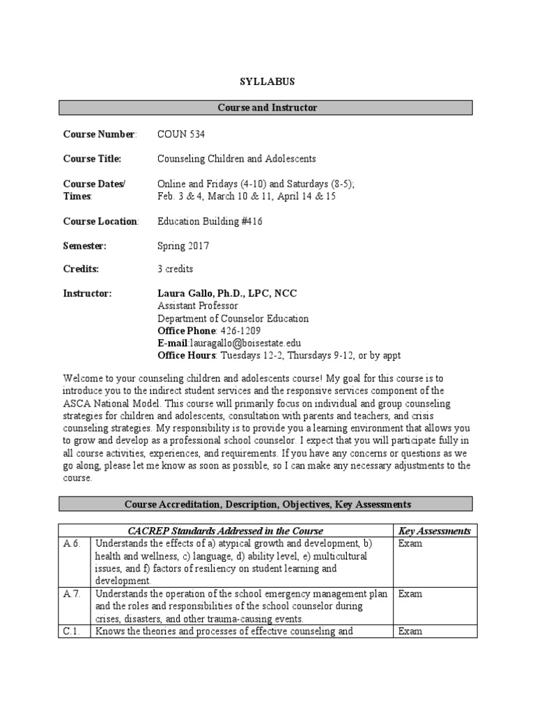 CACREP Standards Addressed in The Course Key Assessments | PDF | School ...