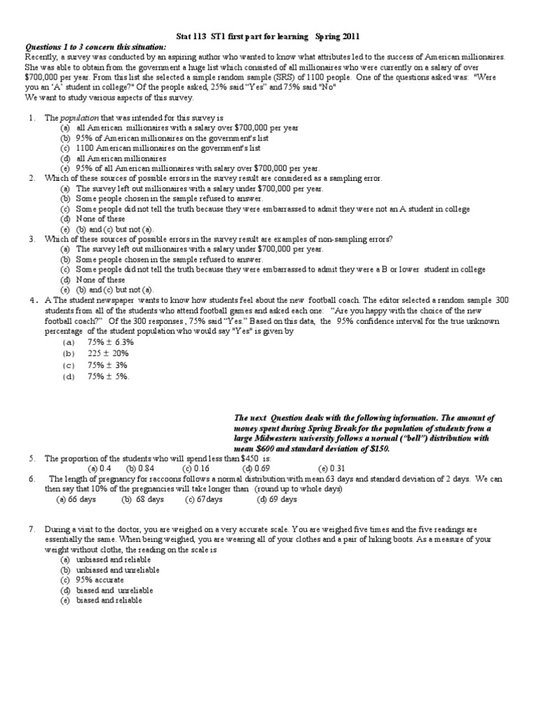 Stat 113 ST1 First Part For Learning Spring 2011 | PDF | Quartile ...