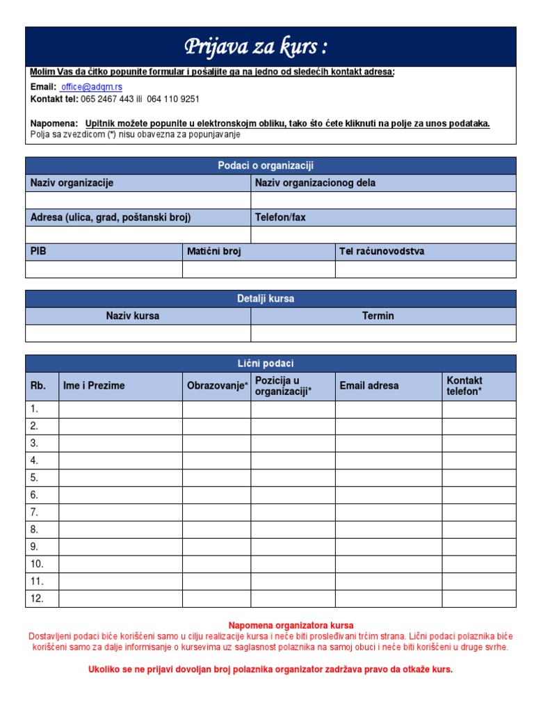 Formular Za Prijavu 2019 ADQM | PDF