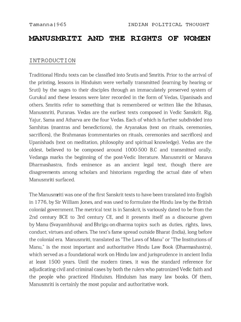 Manusmriti and The Rights of Women | PDF