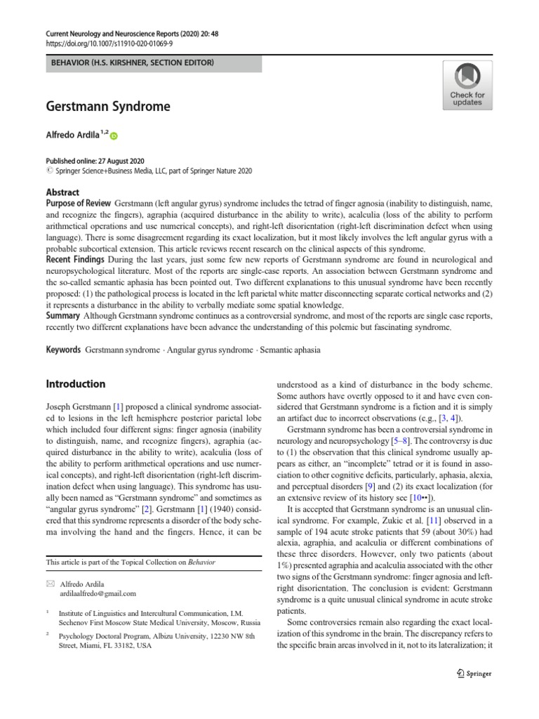 Ardila2020 Article GerstmannSyndrome | PDF | Nervous System | Neurology
