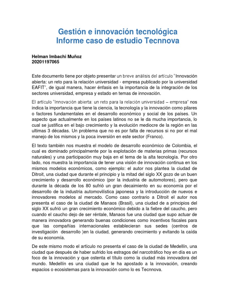 Informe Caso de Estudio Tecnnova | PDF | Desarrollo economico | Innovación
