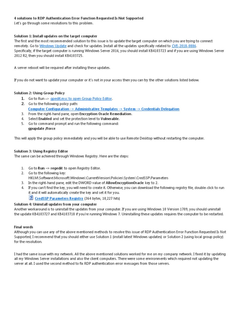 Solutions To Rdp Authentication Error Function Requested Is Not Supported Pdf Group Policy 
