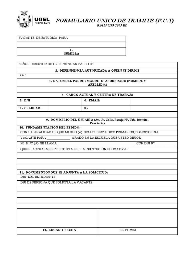 SOLICITUD VACANTE 2021 FUT Word | PDF