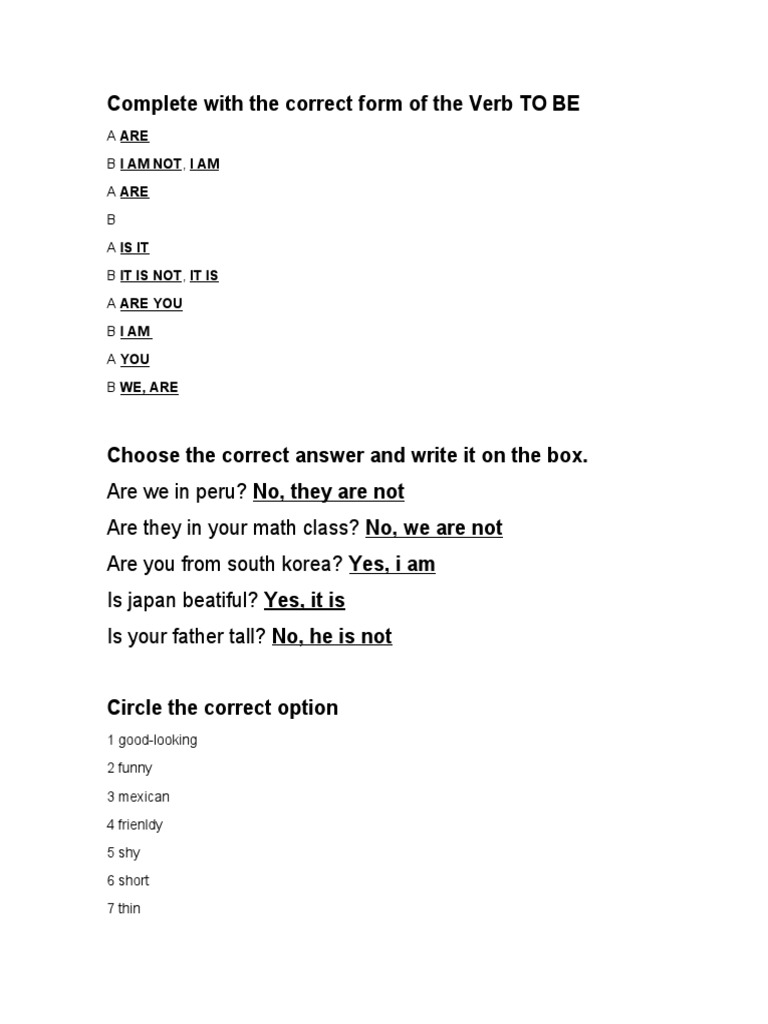 Complete With The Correct Form of The Verb TO BE | PDF