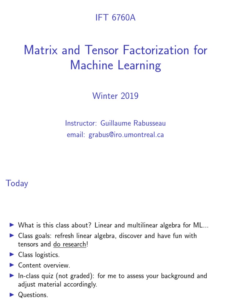 Matrix and Tensor Factorization For Machine Learning: IFT 6760A | PDF ...