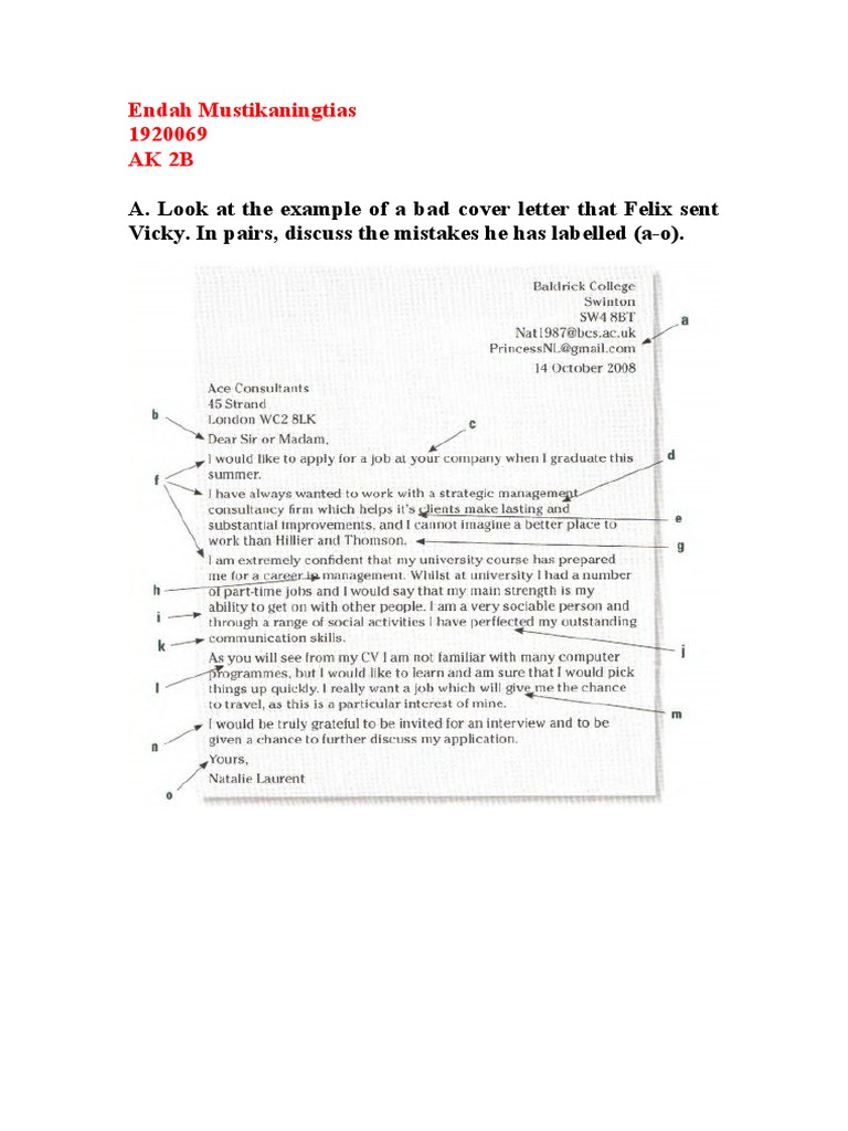 A. Look at The Example of A Bad Cover Letter That Felix Sent Vicky. in ...