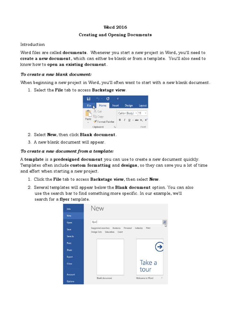 Word 2016 Creating and Opening Documents: To Create A New Blank ...