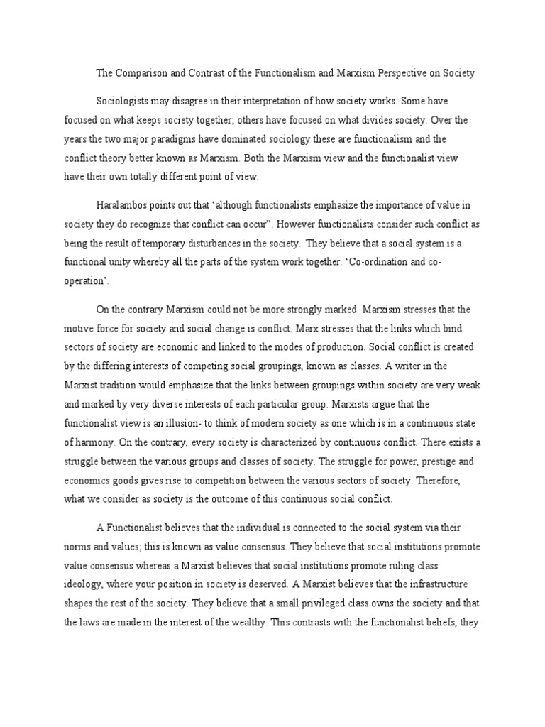 Similarities and Differences of Marxism and Functionalism | PDF ...