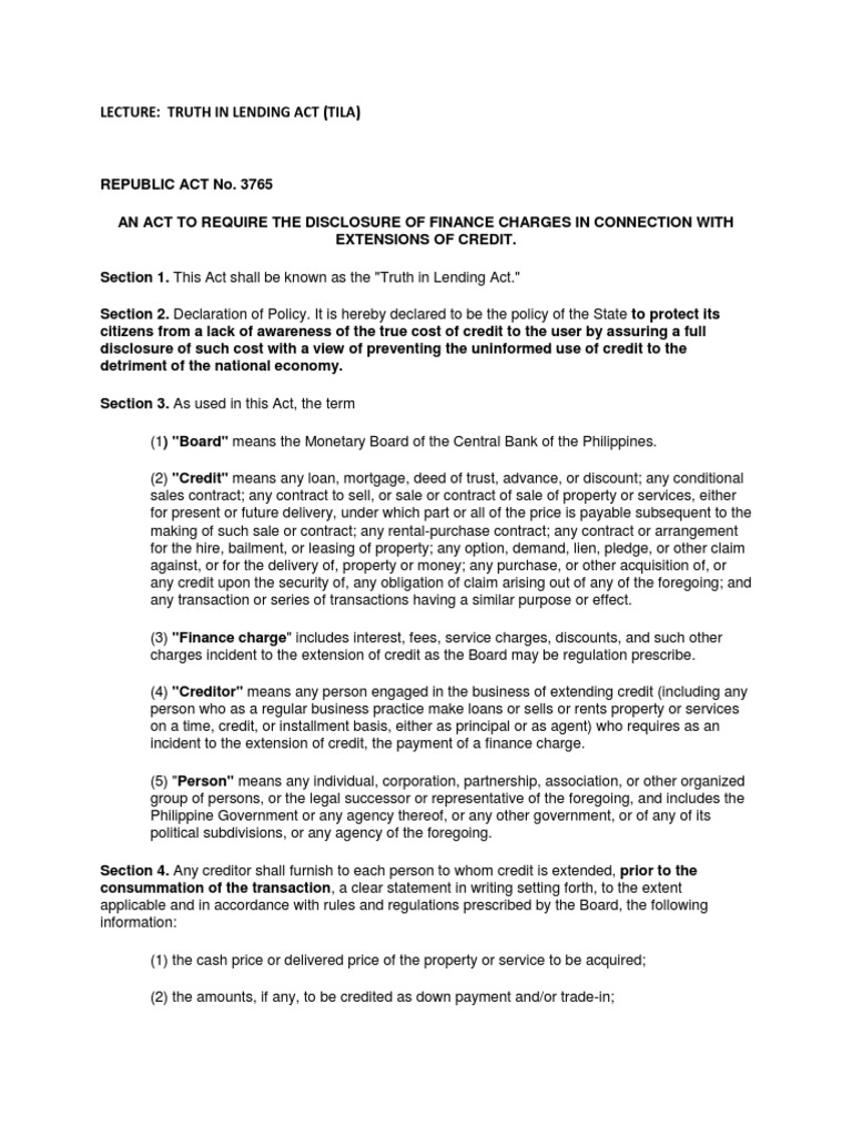 NOTES ON TILA - Truth in Lending Act (RA 3765) | PDF