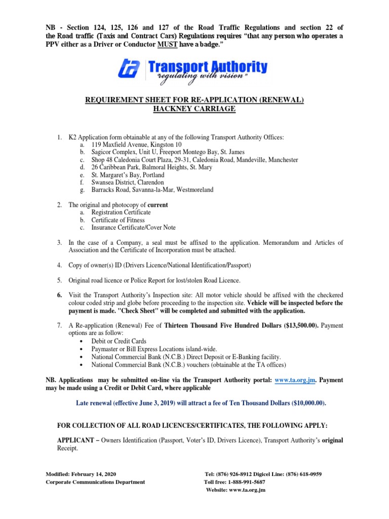 Requirement For Hackney Carriage Renewal 2020-2021 | PDF | Driver's ...