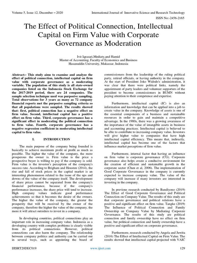 The Effect of Political Connection, Intellectual Capital On Firm Value With Corporate Governance ...
