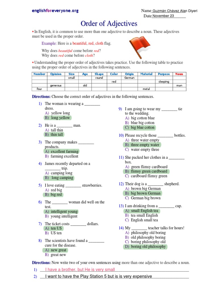Order of Adjectives PDF | Download Free PDF | Adjective | Grammar