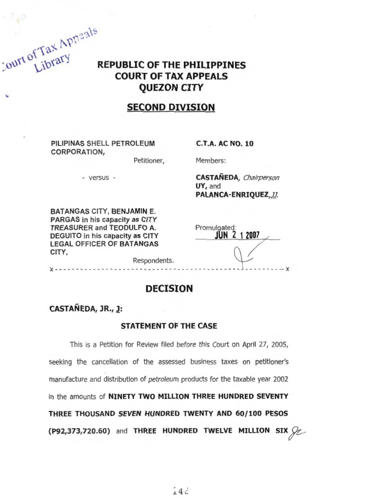 CTA Case - Pilipinas Shell v. Batangas City | PDF | Excise | Taxation