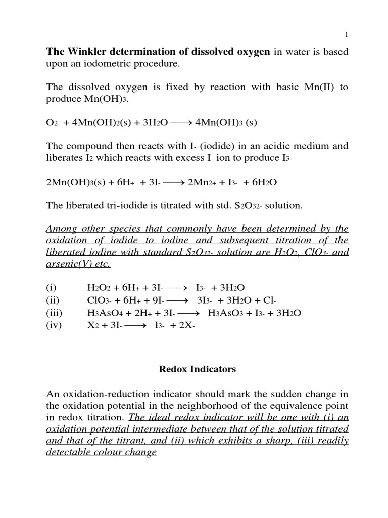 The Winkler Determination of Dissolved Oxygen in Water Is Based | PDF ...