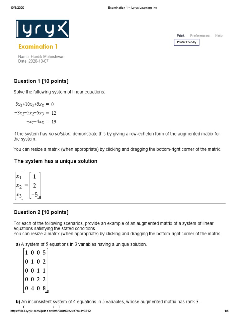 Examination 1: Question 1 (10 Points) | Download Free PDF | System Of ...