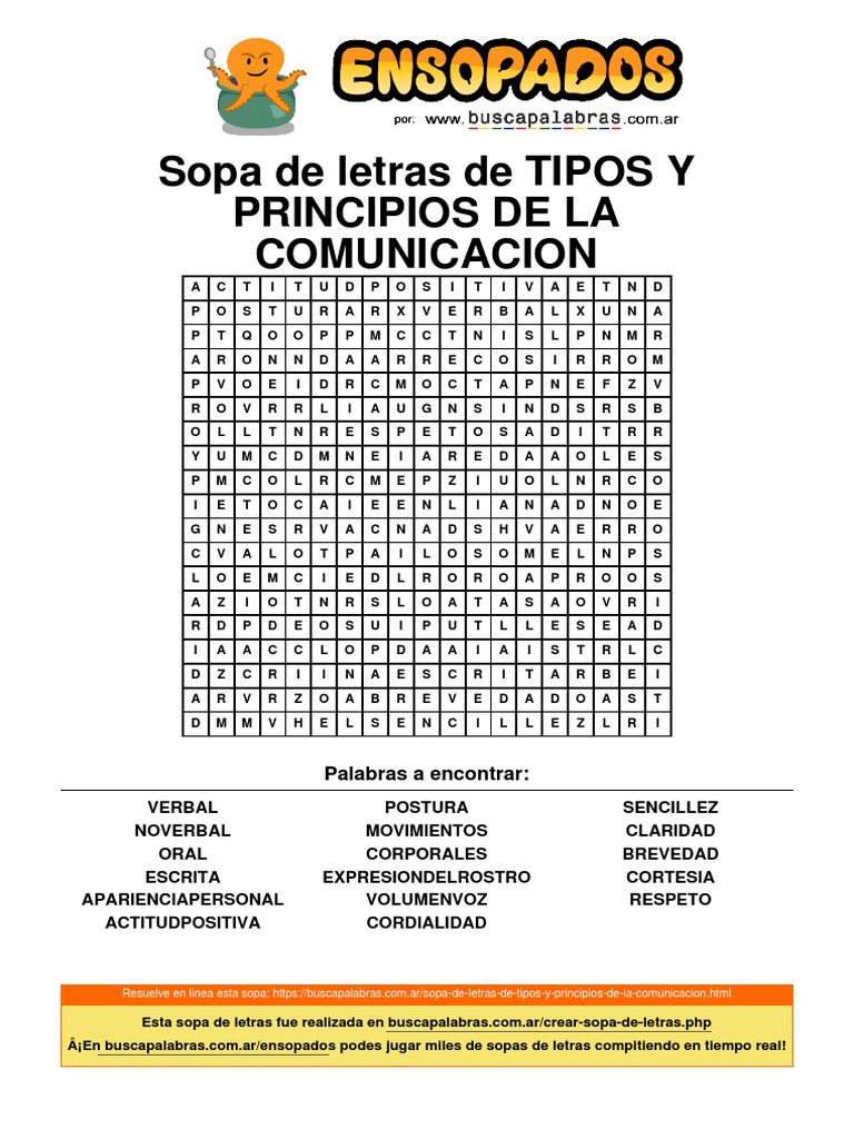 Sopa de Letras de Tipos y Principios de La Comunicacion | PDF