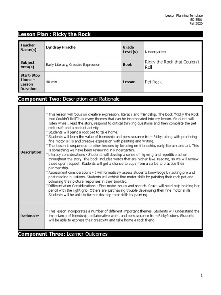 Ricky The Rock Lesson Plan | PDF | Literacy | Lesson Plan