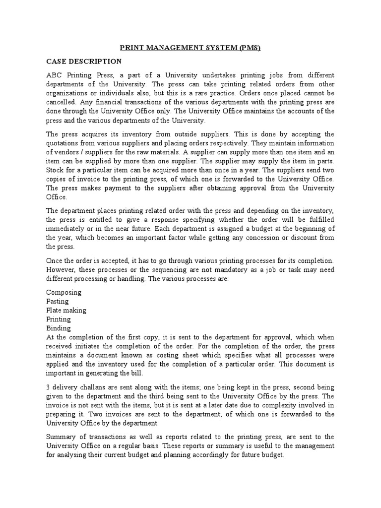 Print Management System (PMS) Case Description | PDF