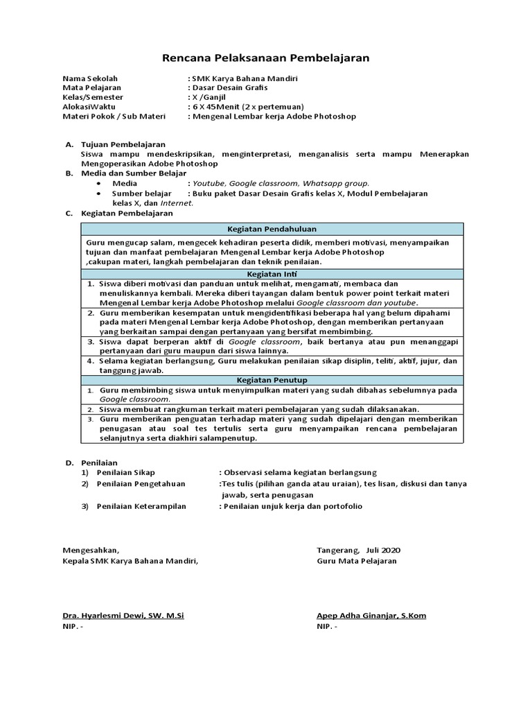 Contoh RPP Daring Kelas X MM (Dasar Desain Grafis) SMK | PDF