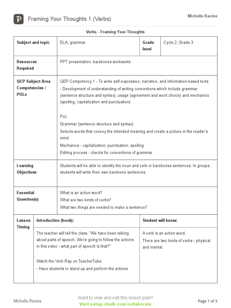 Framing Your Thoughts: Verbs Lesson Plan | PDF | Verb | Sentence ...