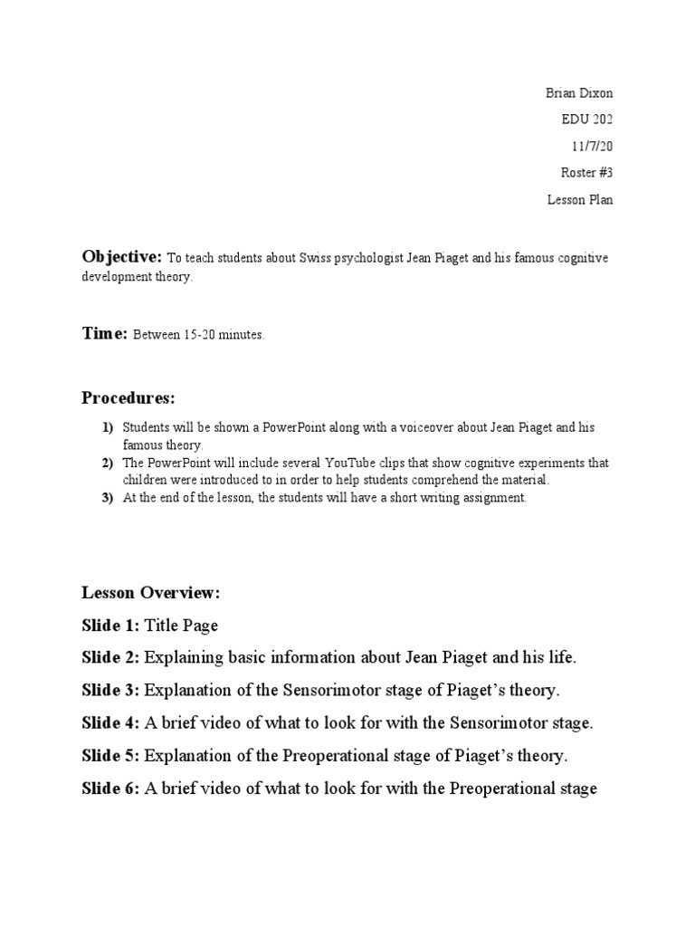 Lesson Plan For Piaget | PDF | Cognitive Development | Academic Discipline Interactions