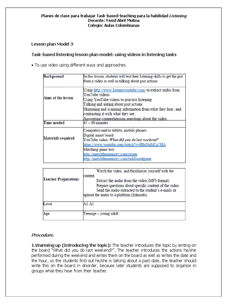 Task Based Lesson Plan Model 3 | PDF | Lesson Plan | Vocabulary
